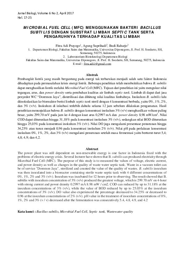 (PDF) Microbial Fuel Cell (MFC) Menggunakan Bakteri Bacillus Subtilis ...