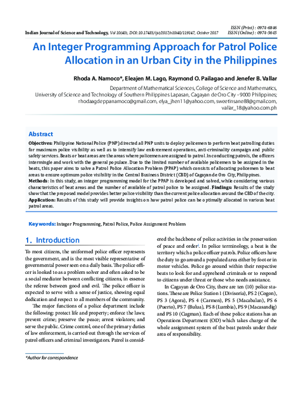 (PDF) An Integer Programming Approach for Patrol Police Allocation in ...