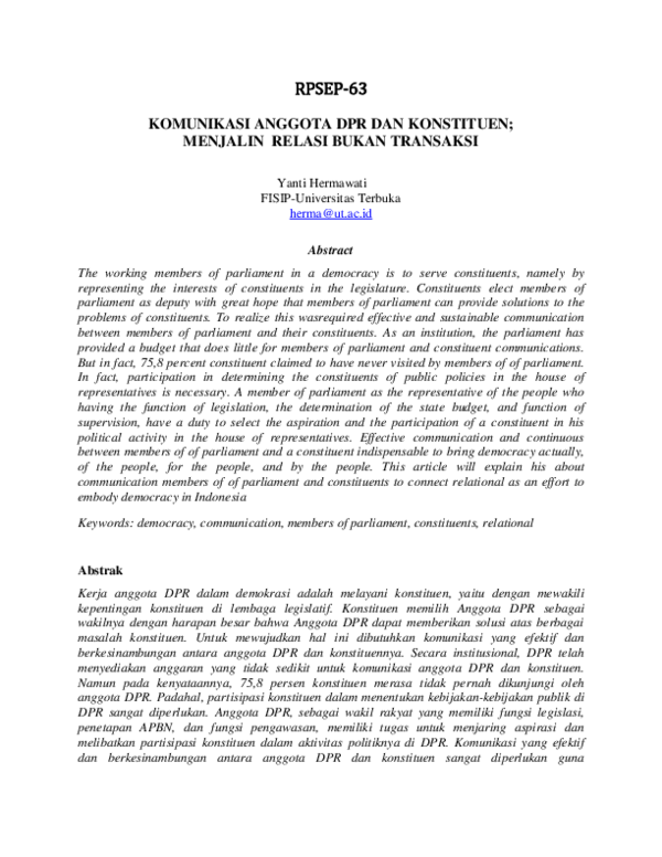 (PDF) Komunikasi Anggota DPR Dan Konstituen; Menjalin Relasi Bukan Transaksi