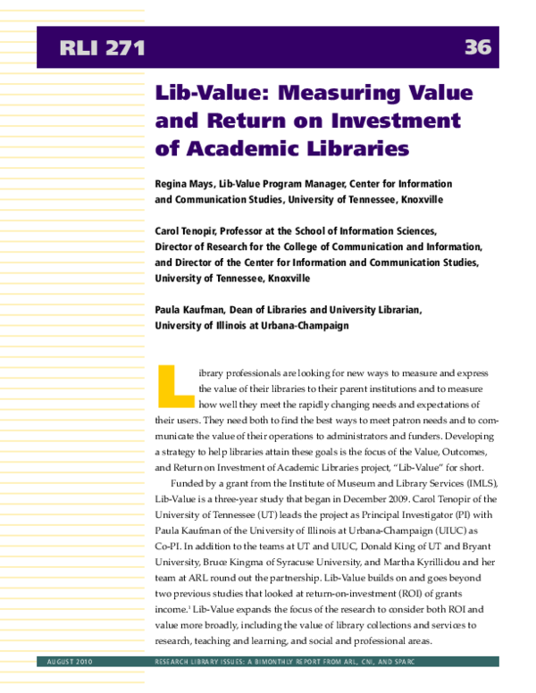 (PDF) Measuring value and return on investment of academic libraries