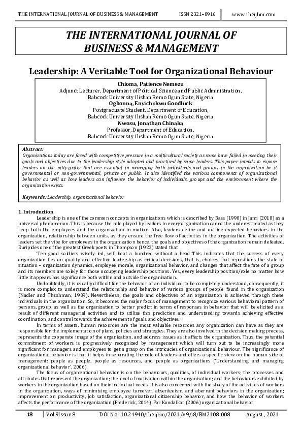 (PDF) Leadership: A Veritable Tool for Organizational Behaviour