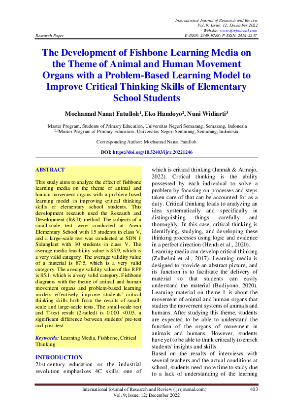 (PDF) The Development of Fishbone Learning Media on the Theme of Animal and Human Movement ...