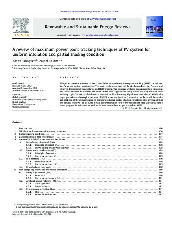 (PDF) A review of maximum power point tracking techniques of PV system for uniform insolation ...