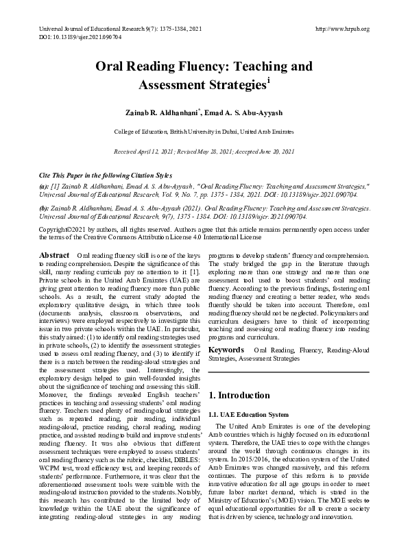 (PDF) Oral Reading Fluency: Teaching and Assessment Strategies