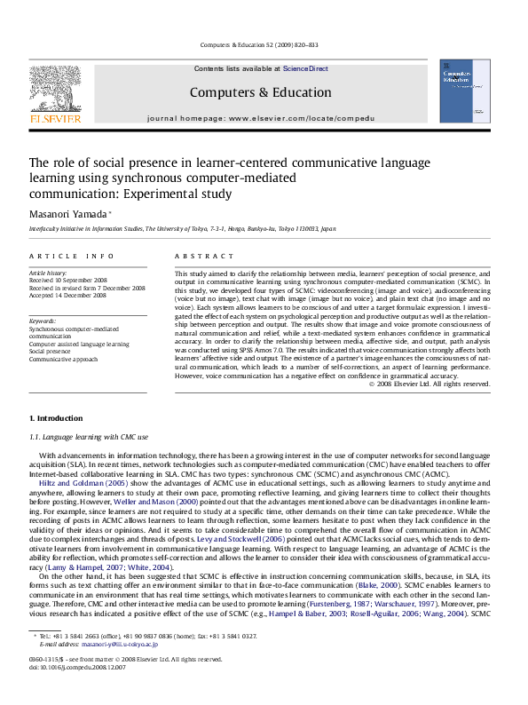 (PDF) The role of social presence in learner-centered communicative language learning using ...