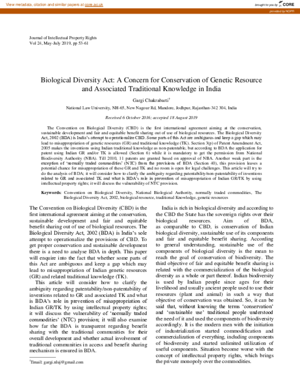 (PDF) Biological Diversity Act: A Concern for Conservation of Genetic ...