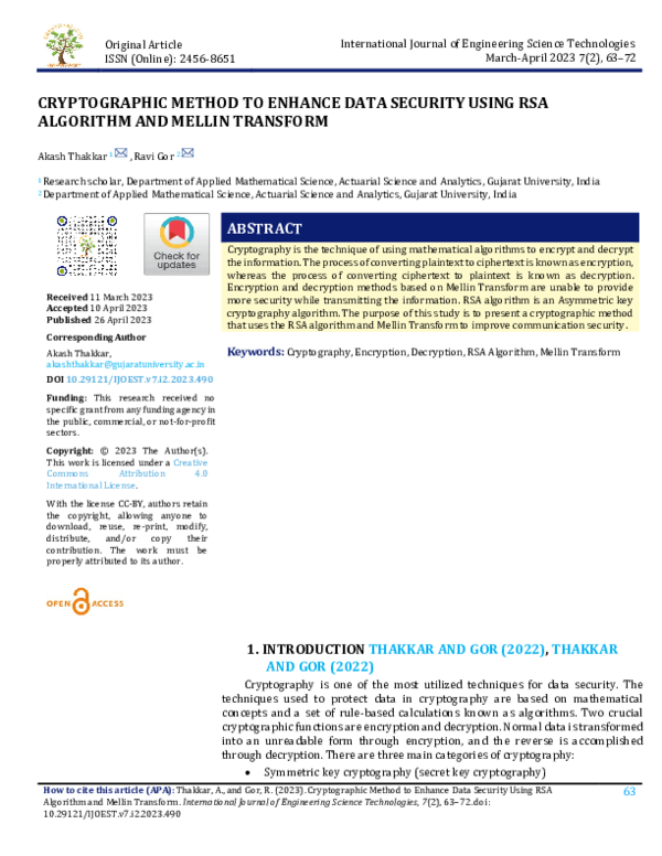 Pdf Cryptographic Method To Enhance Data Security Using Rsa Algorithm And Mellin Transform