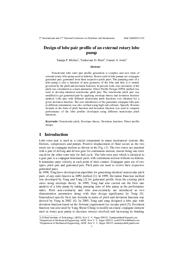 (PDF) Design of lobe pair profile of an external rotary lobe pump