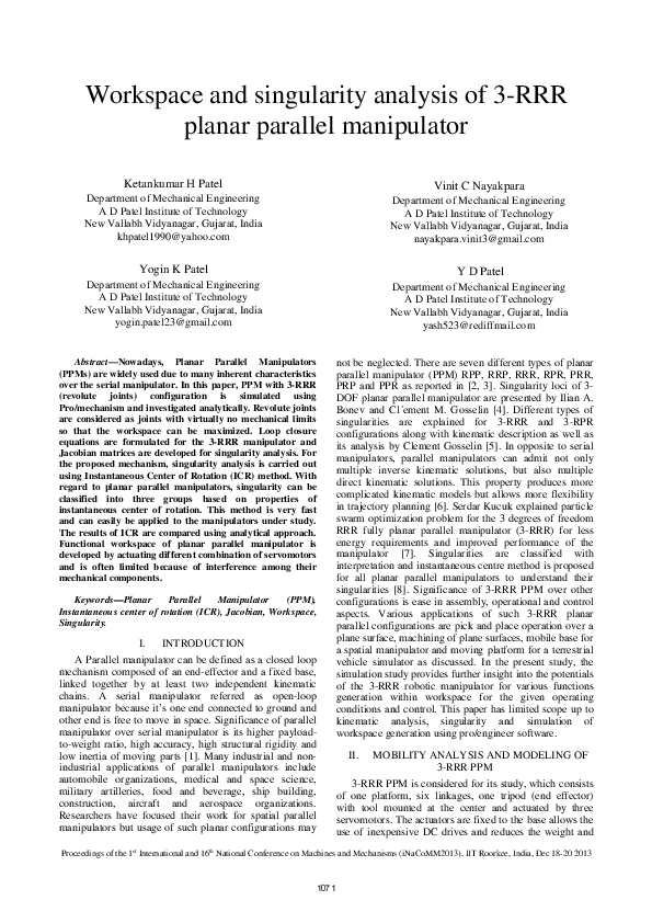 (PDF) Workspace and singularity analysis of 3-RRR planar parallel manipulator