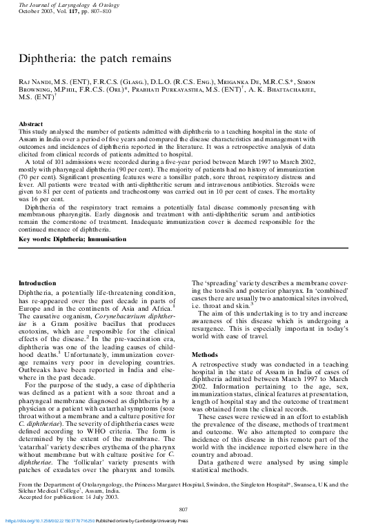 (PDF) Diphtheria—the patch remains