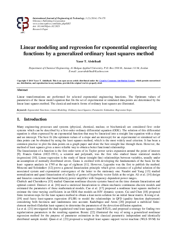 (PDF) Linear modeling and regression for exponential engineering functions by a generalized ...