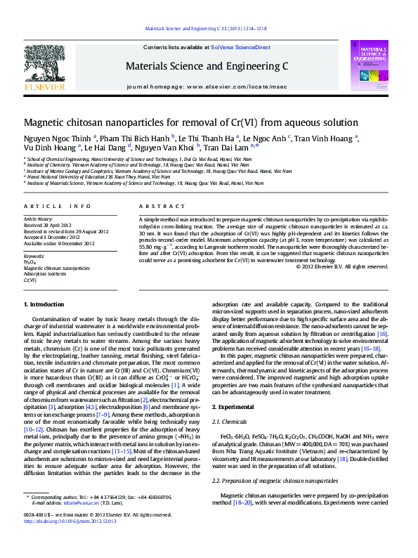 (PDF) Magnetic chitosan nanoparticles for removal of Cr(VI) from aqueous solution