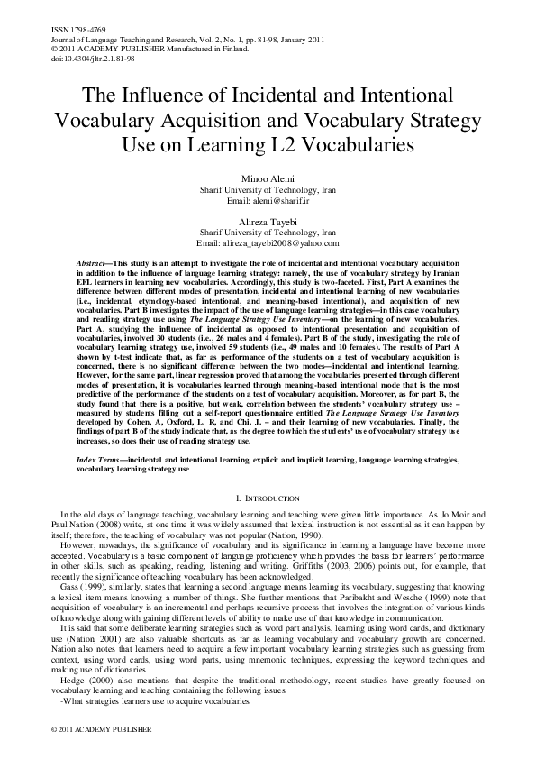 (PDF) The Influence of Incidental and Intentional Vocabulary Acquisition and Vocabulary Strategy ...
