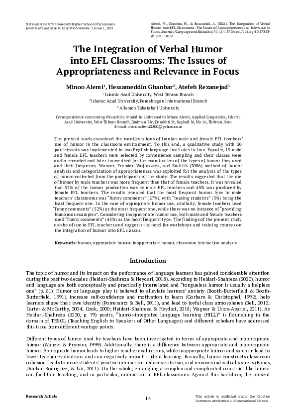 (PDF) The Integration of Verbal Humor into EFL Classrooms: The Issues ...