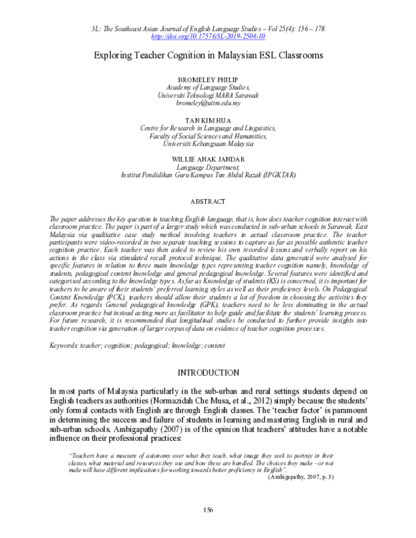 (PDF) Exploring Teacher Cognition in Malaysian ESL Classrooms