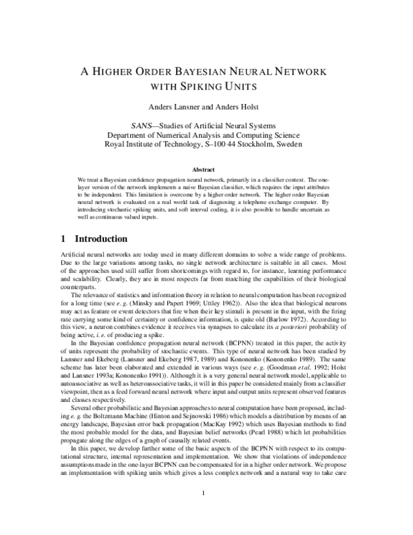(PDF) A Higher Order Bayesian Neural Network with Spiking Units