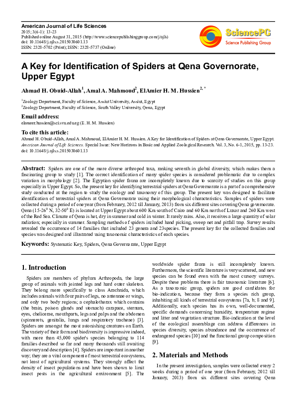 (PDF) Spider Identification Key for Qena, Egypt