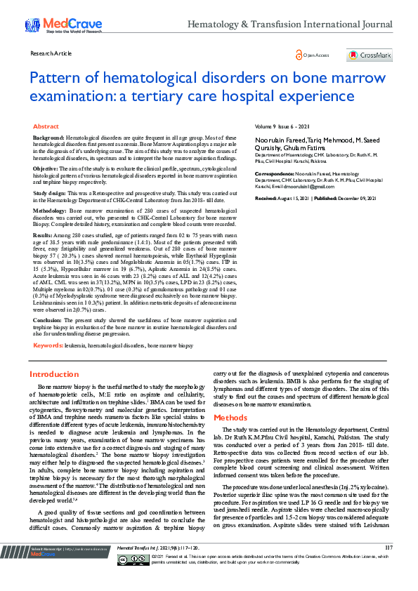 (PDF) Pattern of hematological disorders on bone marrow examination: a tertiary care hospital ...