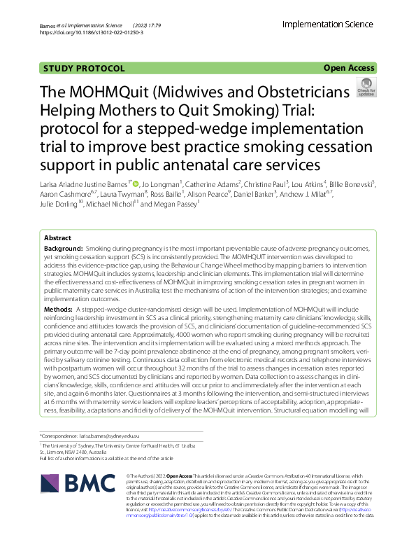 (PDF) The MOHMQuit (Midwives and Obstetricians Helping Mothers to Quit Smoking) Trial: protocol ...
