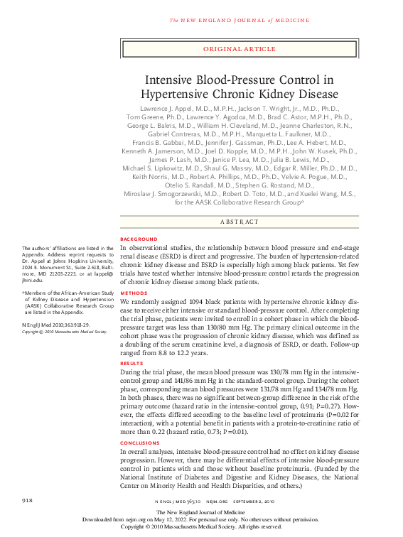 (PDF) Intensive Blood-Pressure Control in Hypertensive Chronic Kidney ...