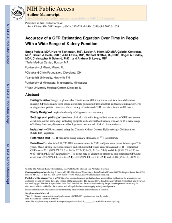 (PDF) Accuracy of a GFR Estimating Equation Over Time in People With a ...