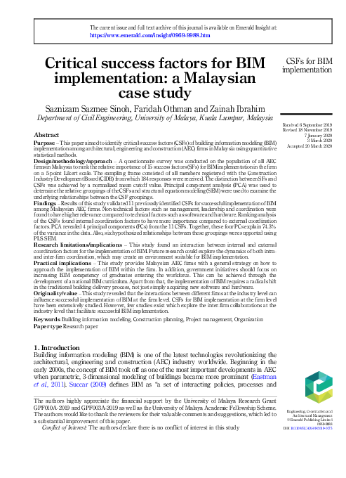 (PDF) Critical success factors for BIM implementation: a Malaysian case study