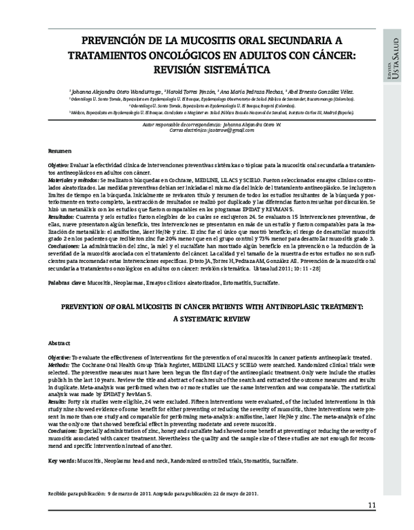 (PDF) Prevención De La Mucositis Oral Secundaria a Tratamientos Oncológicos en Adultos Con ...