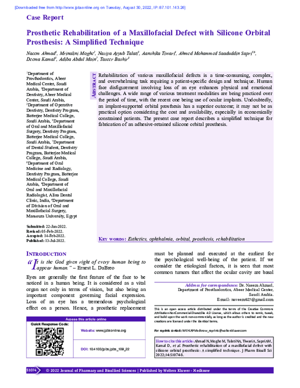 (PDF) Prosthetic Rehabilitation of a Maxillofacial Defect with Silicone ...