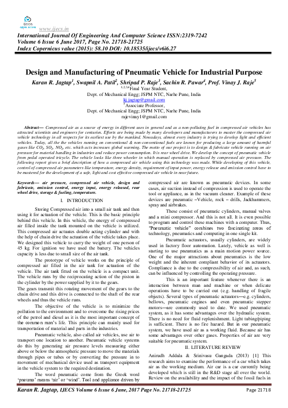 (PDF) Design and Manufacturing of Pneumatic Vehicle for Industrial Purpose