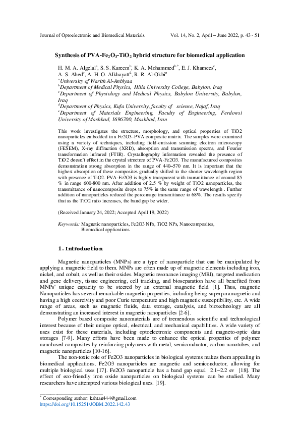 Pdf Synthesis Of Pva Fe2o3 Tio2 Hybrid Structure For Biomedical Application