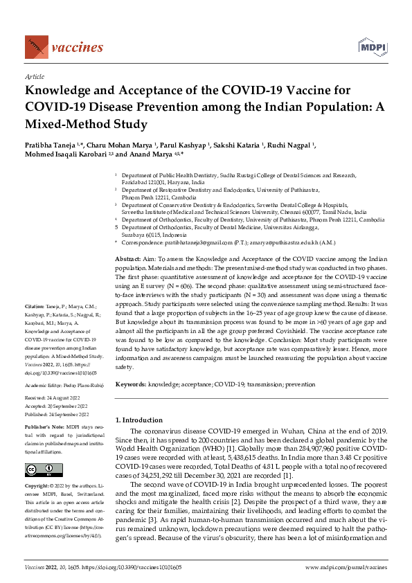 (PDF) Knowledge and Acceptance of the COVID-19 Vaccine for COVID-19 Disease Prevention among the ...
