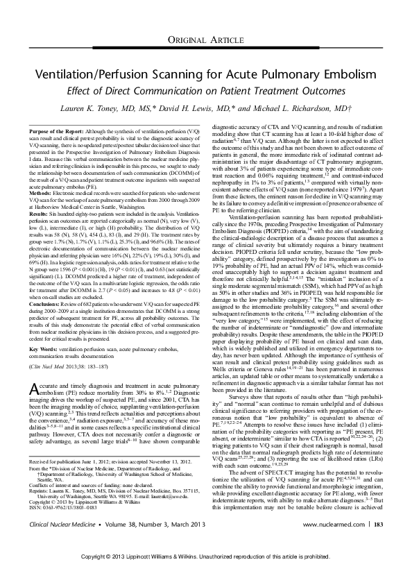 Ventilation/Perfusion Scanning for Acute Pulmonary Embolism
