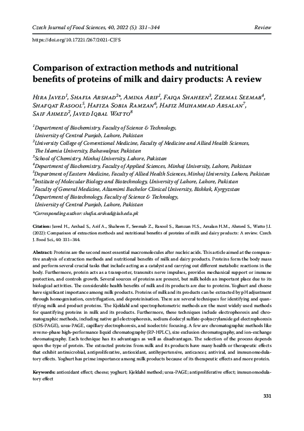 Pdf Comparison Of Extraction Methods And Nutritional Benefits Of Proteins Of Milk And Dairy