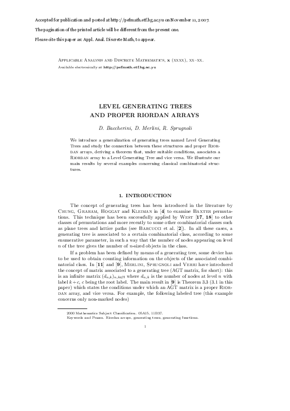 (PDF) Level generating trees and proper Riordan arrays
