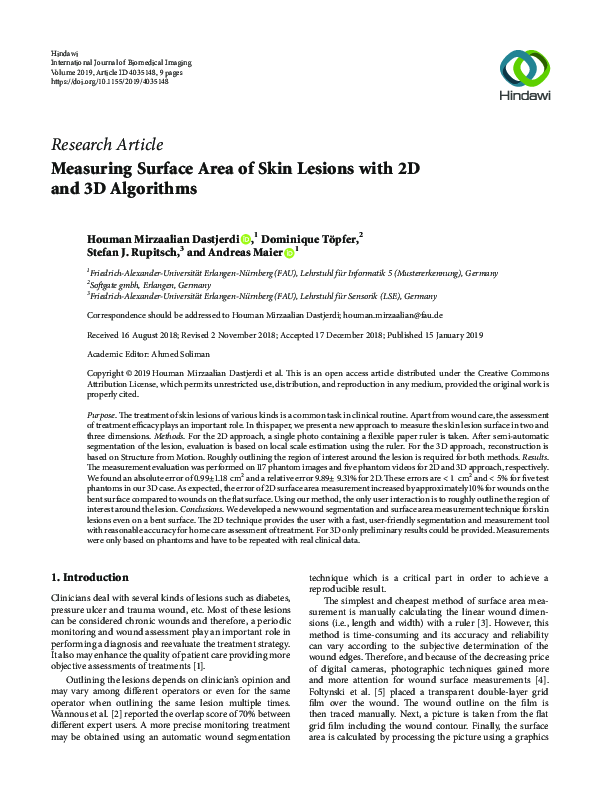 (PDF) Measuring Surface Area of Skin Lesions with 2D and 3D Algorithms