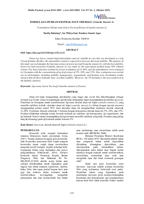 (PDF) FORMULASI LIPCREAM EKSTRAK DAUN TEH HIJAU (Camelia Sinensis L)
