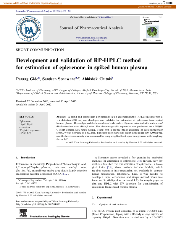 (PDF) Development and validation of RP-HPLC method for estimation of eplerenone in spiked human ...