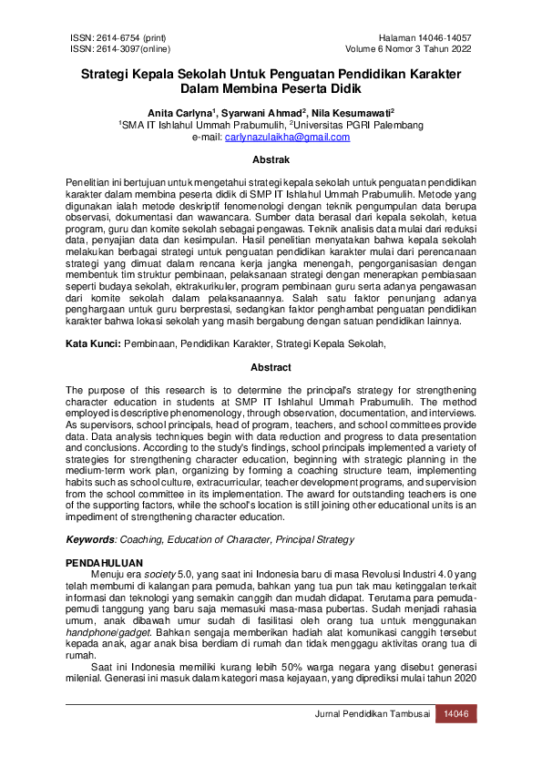 (PDF) Strategi Kepala Sekolah Untuk Penguatan Pendidikan Karakter Dalam Membina Peserta Didik