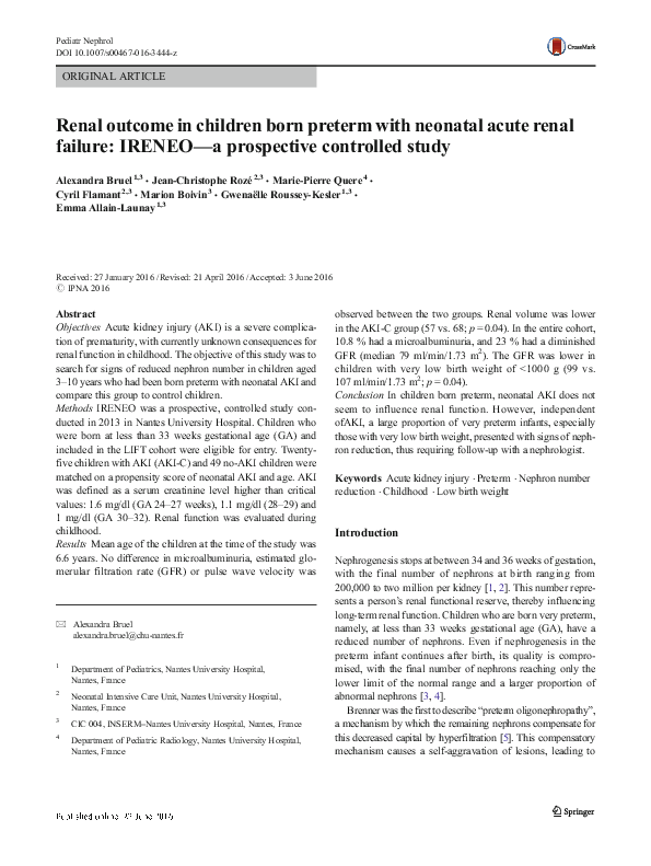 (PDF) Renal outcome in children born preterm with neonatal acute renal ...