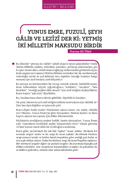 (PDF) YUNUS EMRE, FUZULÎ, ŞEYH GÂLİB VE LEZÎZÎ DER Kİ- YETMİŞ İKİ ...
