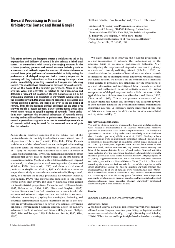 Pdf Reward Processing In Primate Orbitofrontal Cortex And Basal