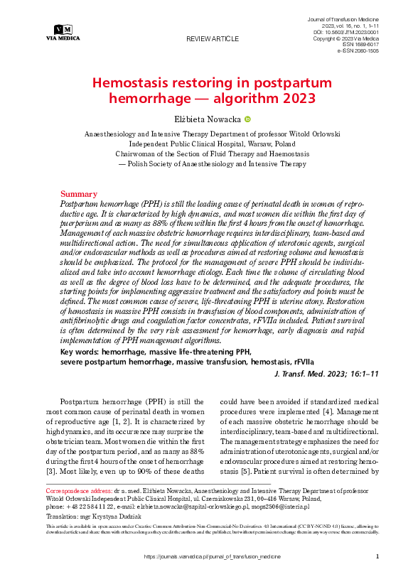 (PDF) Hemostasis restoring in postpartum hemorrhage — algorithm 2023