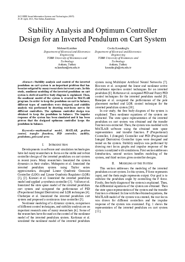(PDF) Stability Analysis and Optimum Controller Design for an Inverted Pendulum on Cart System