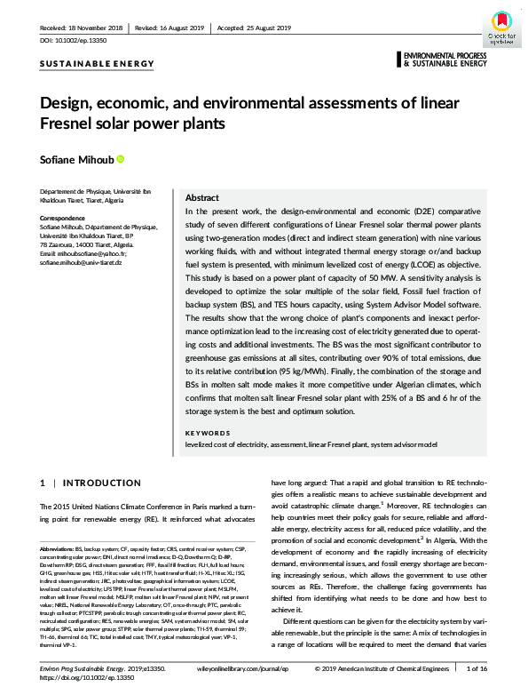(PDF) Design, economic, and environmental assessments of linear Fresnel ...