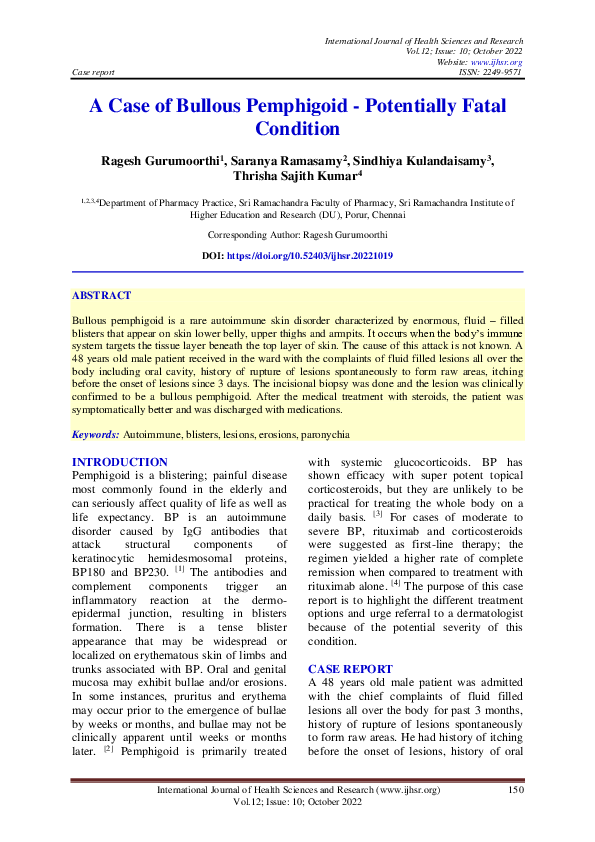 (PDF) A Case of Bullous Pemphigoid -Potentially Fatal Condition