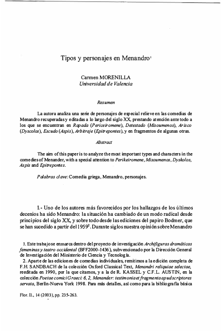 (PDF) Tipos y personajes en Menandro