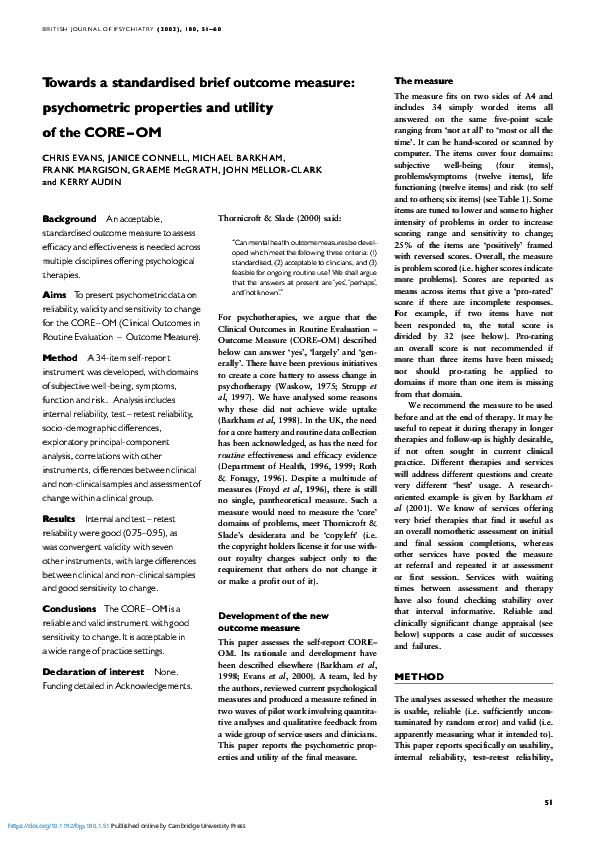 (PDF) Towards a standardised brief outcome measure: Psychometric ...