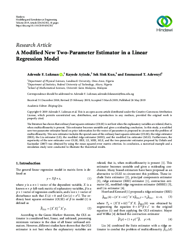 Pdf A Modified New Two Parameter Estimator In A Linear Regression Model