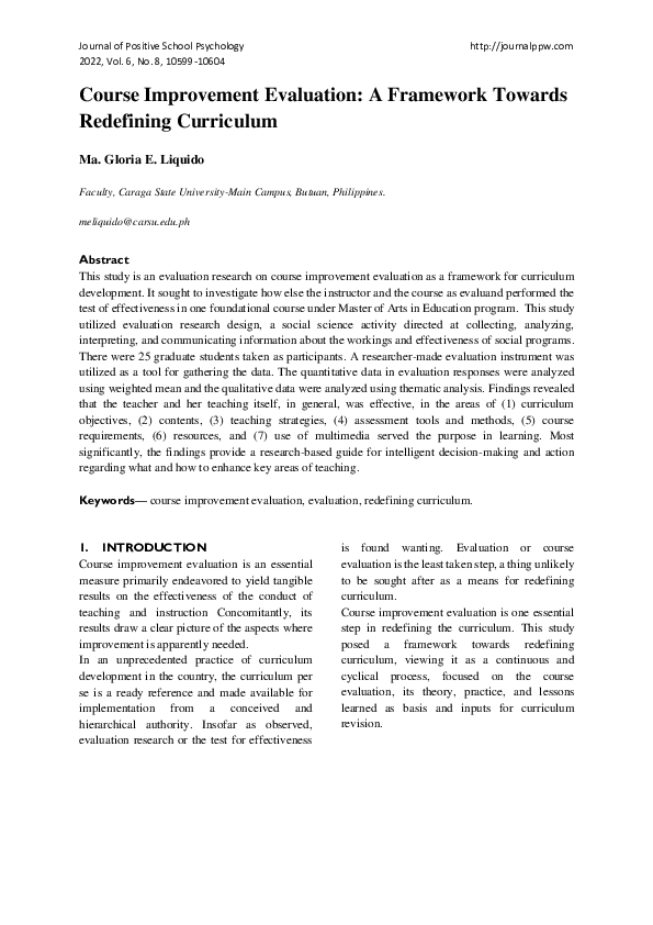 (PDF) Course Improvement Evaluation: A Framework Towards Redefining ...