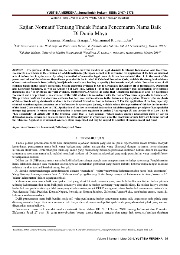 (PDF) Kajian Normatif Tentang Tindak Pidana Pencemaran Nama Baik Di Dunia Maya | Yasmirah ...